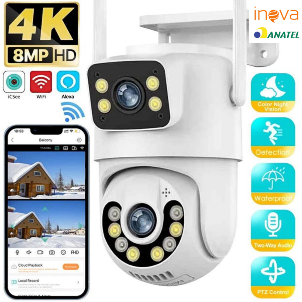 INOVA Kit Câmera Segurança Lente Dupla ICSEE IP66 Wi-Fi 360° Sensor ...