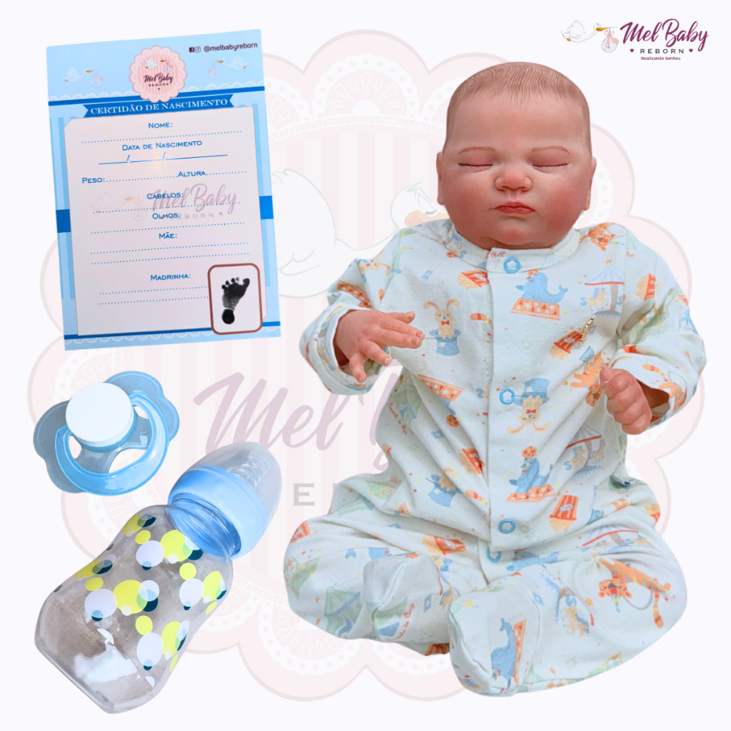 Bebê Reborn Benício Menino Olhos Fechados Cabelo Pintado 55cm Corpo de ...