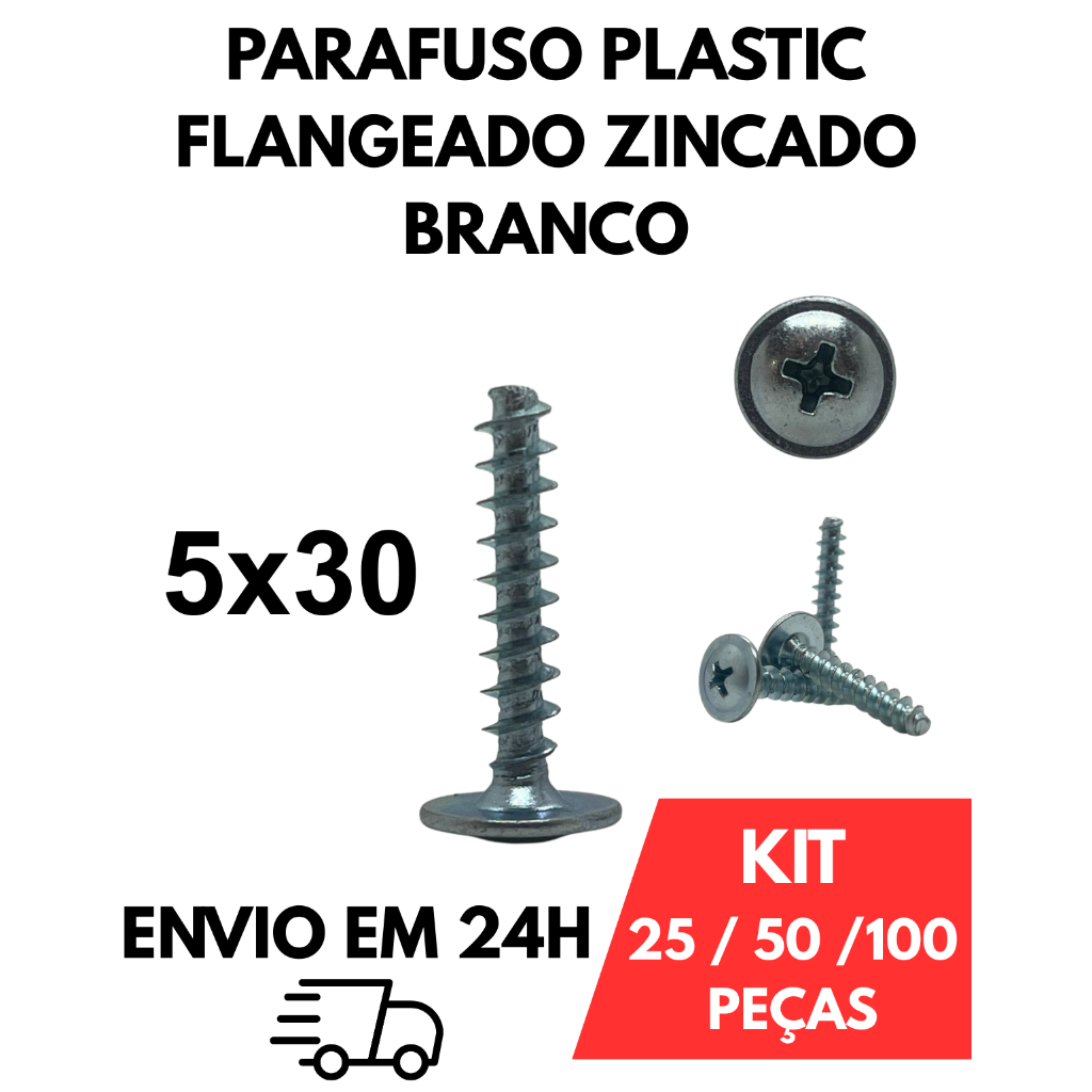 Parafuso 5x30 Plastic Flangeado Zincado Branco - Kit 25 /50 / 100 Peças ...
