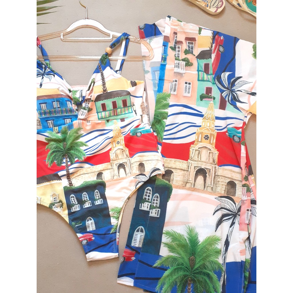 KIT PLUS SIZE Maio+Kimono saida de praia moda praia feminina estampada ...