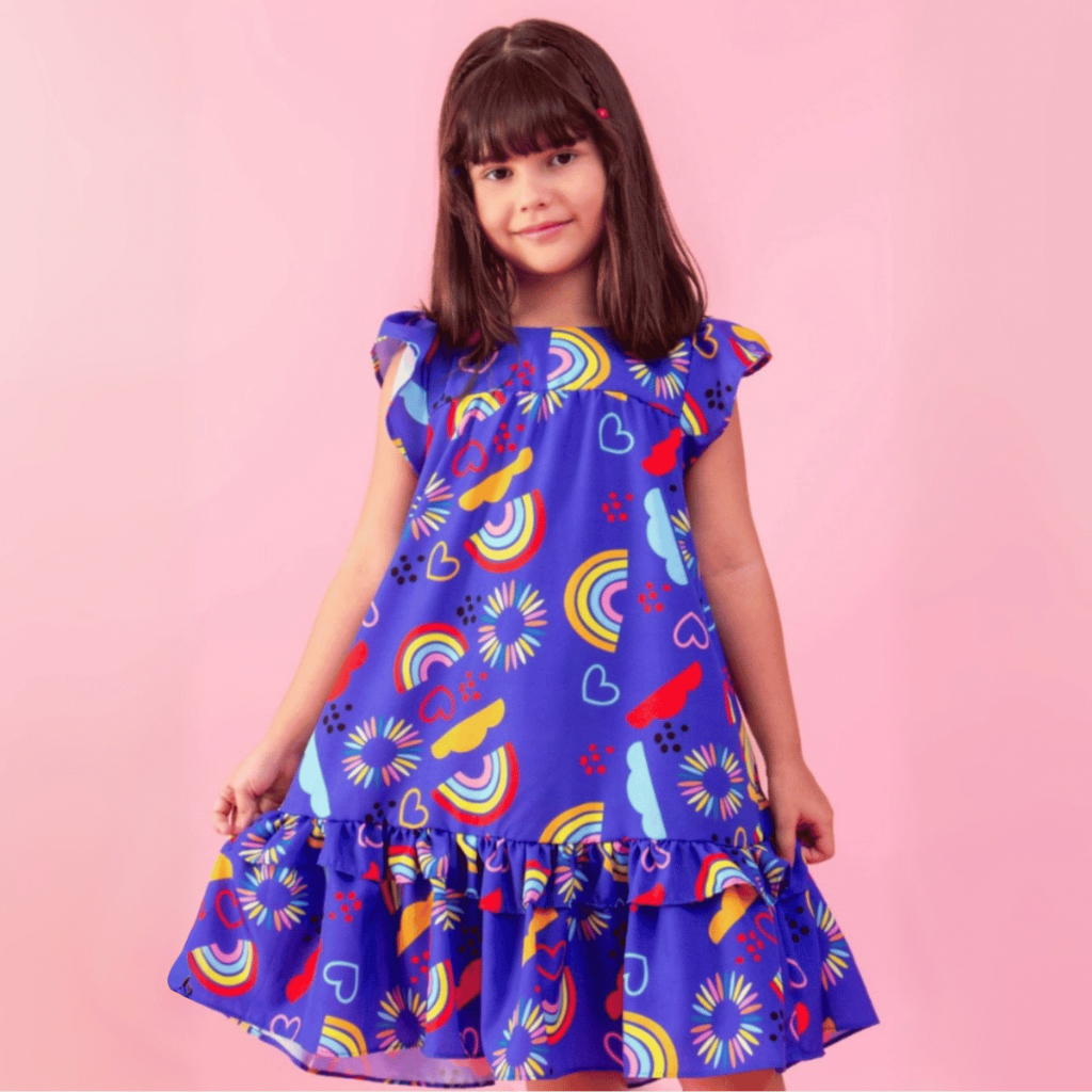 Vestido Lara Roxo Com Sol E Arco Iris Na Sedinha Santorine Infantil Feminino Modinha Luxo