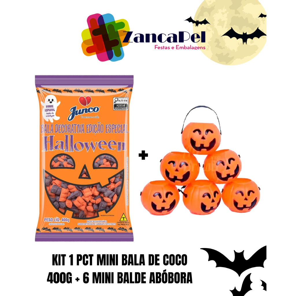 KIT MINI BALA DE COCO HALLOWEEN 400G + 6 MINI BALDE ABÓBORA | Shopee Brasil