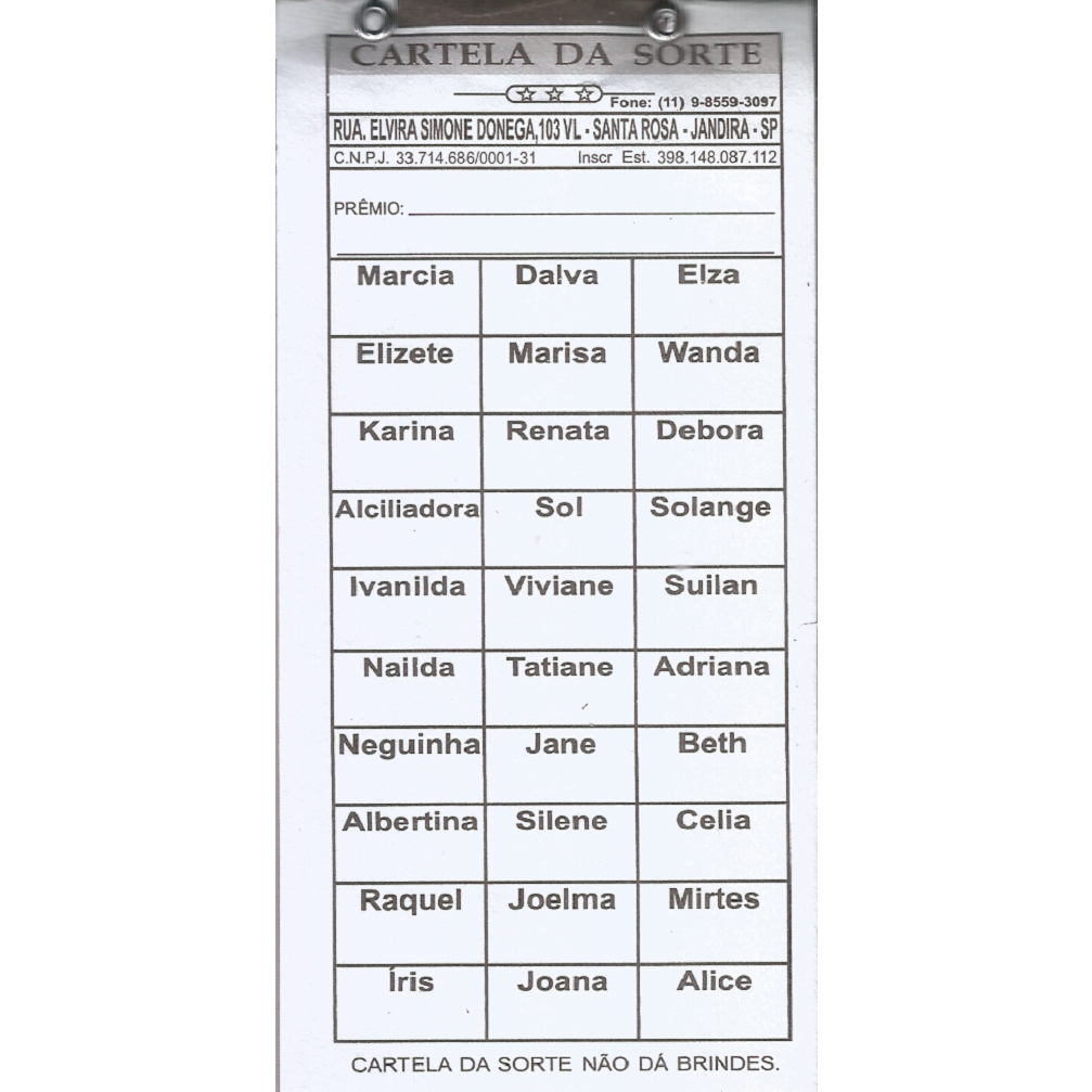 Cartela da Sorte 30/50/100/150/200 Nomes Unidade | Shopee Brasil