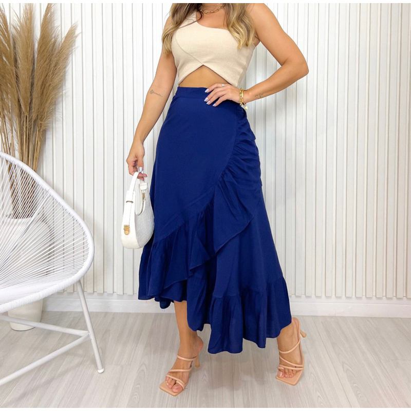 Saia Envelope Transpassada Liso Com Babado Tecido Viscolinho Super Caimento Tendencia Moda ...