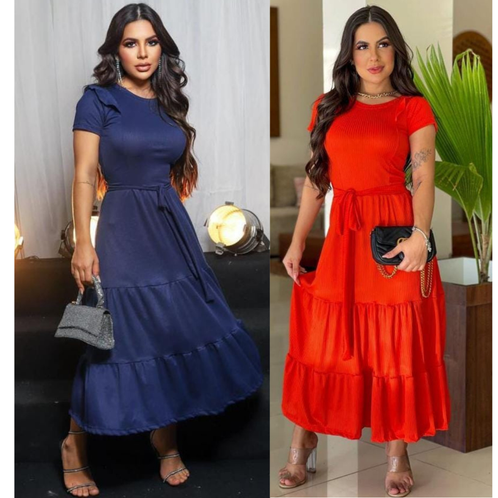 Vestido Longo Feminino Moda Evangélica Evangélico Três Marias Malha Adulto Rodado Soltinho ...