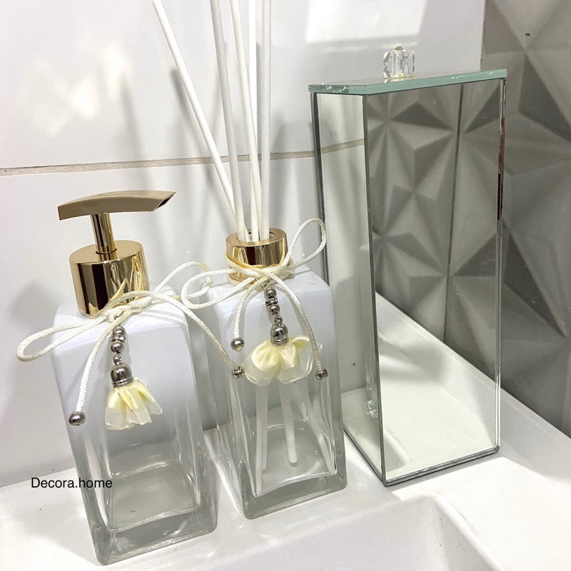 Kit Lavabo Vidro Square Branco Saboneteira válvula pump luxo Difusor de ...