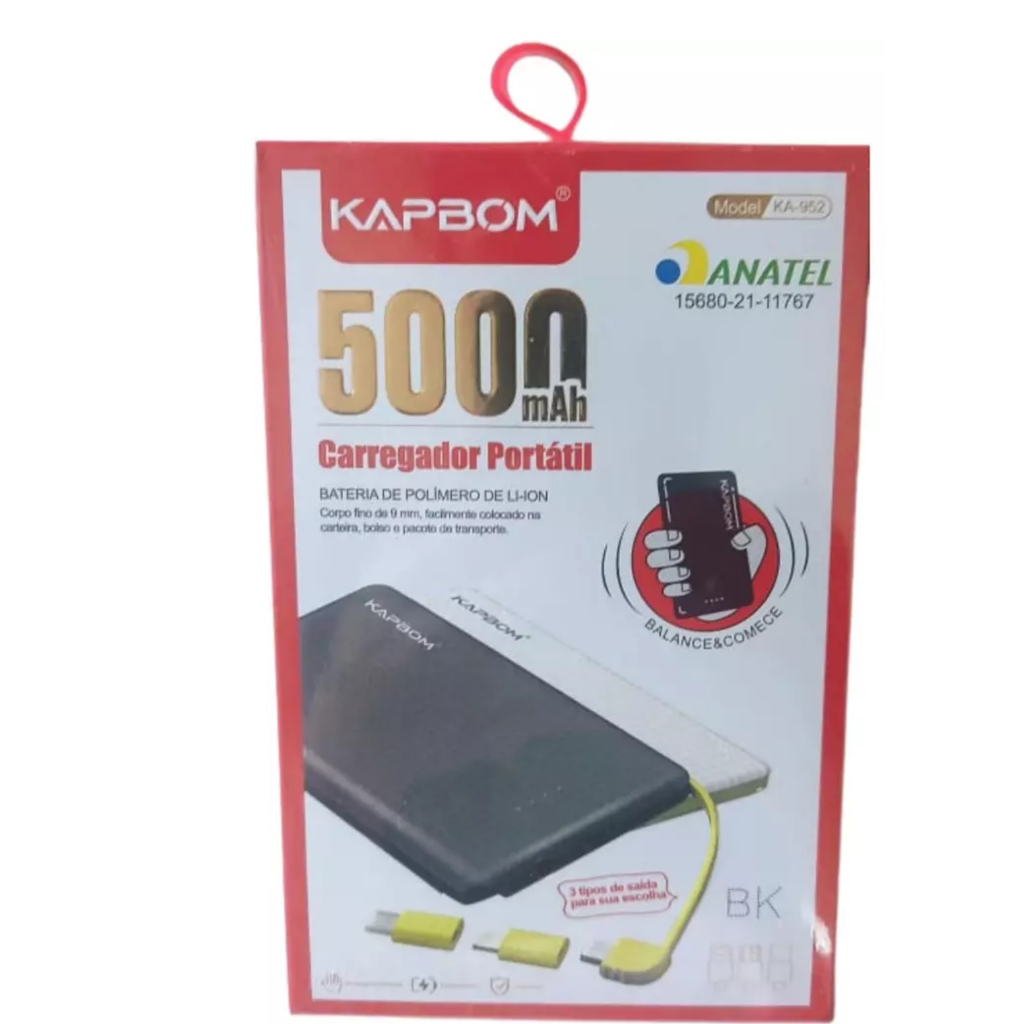 Carregador Portátil Power Bank KAPBOM 5.000 mAh KA-952 | Shopee Brasil