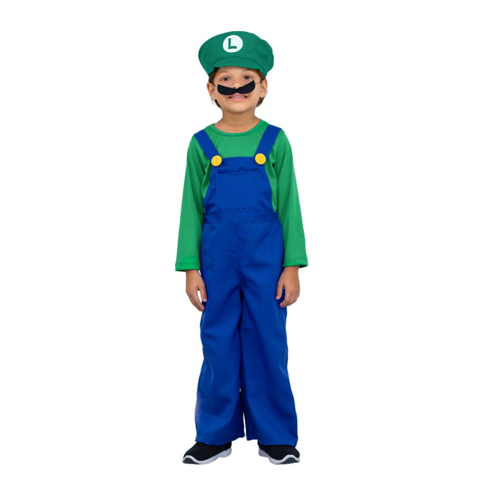Fantasia Luigi Super Mario Bombeiro Verde Longo Infantil com Bigode ...