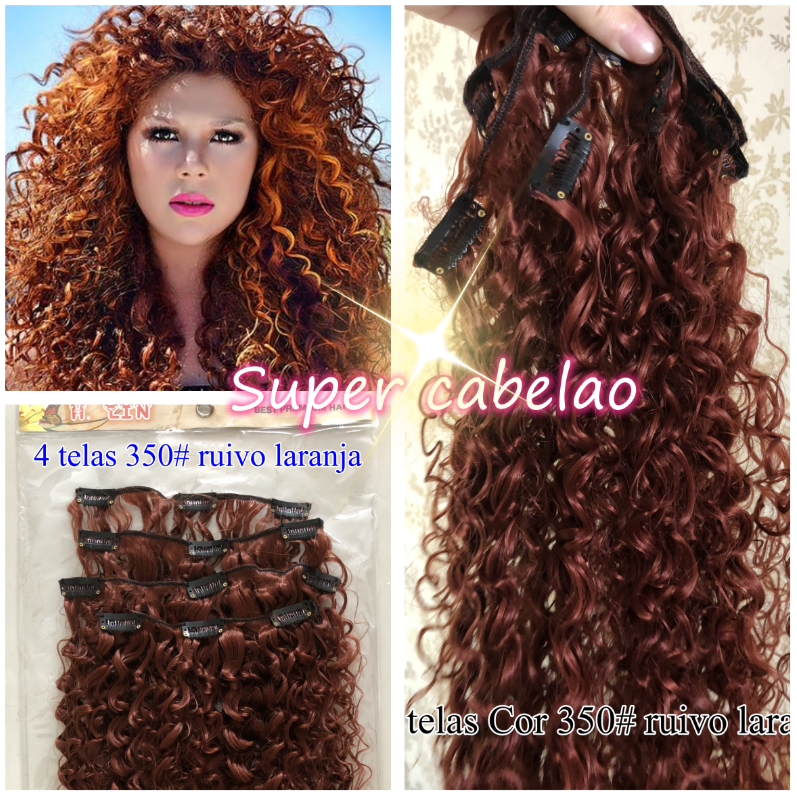 4 telas cabelo aplique cor 350# ruivo laranja cacheado tic tac ...