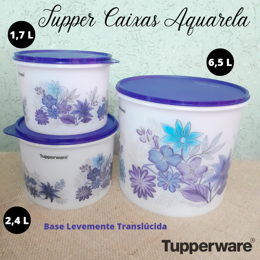 Kit com 3 Tupper Caixas Aquarela Azul Tupperware 1,7L + 2,4L + 6,5L ...