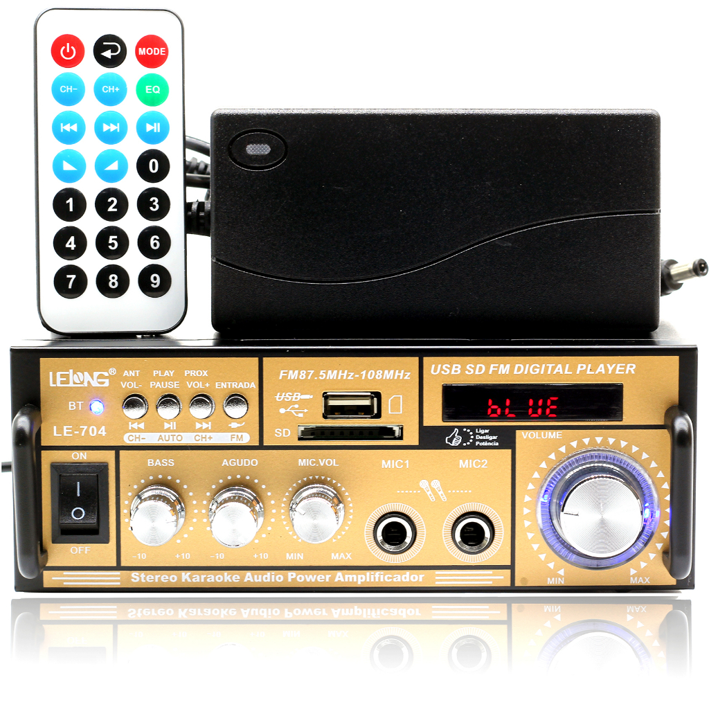 Amplificador De Som Bluetooth Fm 200w Com 2 Canais Som Ambiente Usb Rádio Fm Sd Bivolt | Shopee ...
