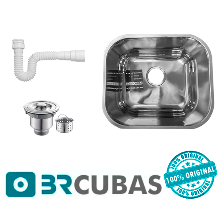 Cuba Pia Inox Cozinha 40x34x22cm Aço 304 Sifão Válvula Com Cesto