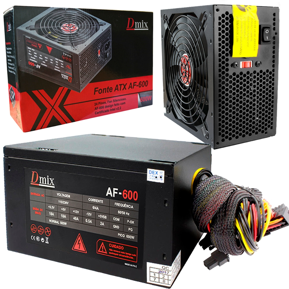 Fonte ATX 500W ou ATX 600W 24 Pinos Conexão (6+2 GPU) e (4+4 CPU) , Serve Para todos Desktops ...