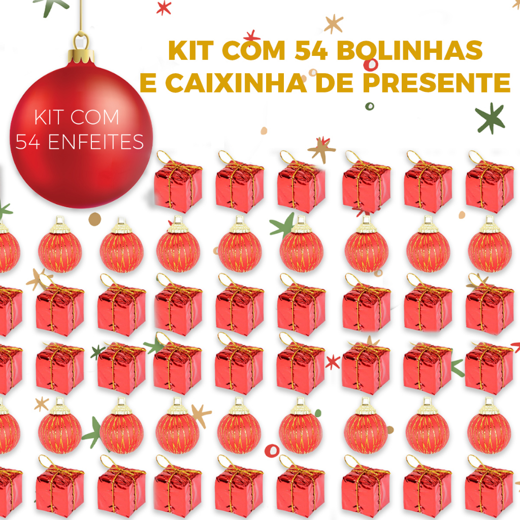 Kit com 54 enfeites Natalinos Bolinhas de natal e caixinha de presente ...