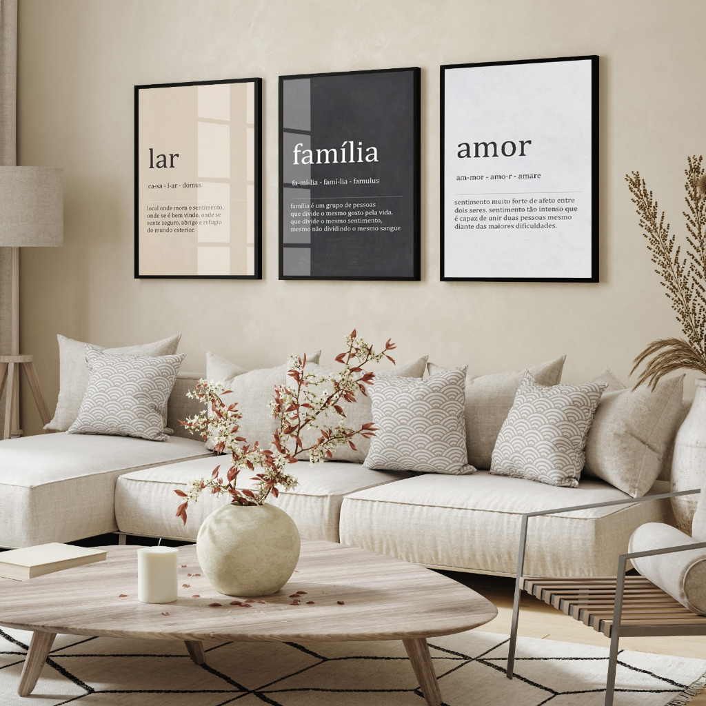Kit 3 Quadros Decorativos Família Lar Amor Frases Moldura Para Sala ...