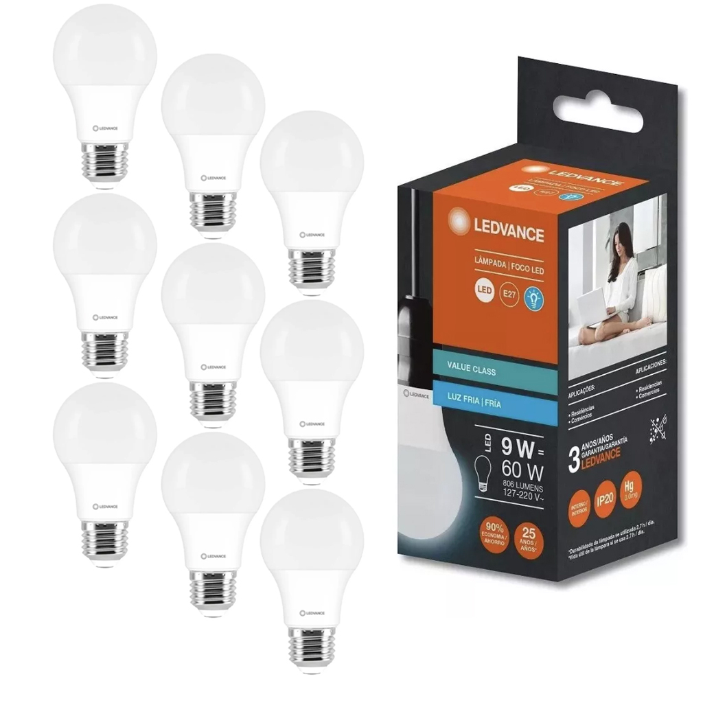 Kit com 10 Lâmpada Led bulbo 9w Luz Fria 6500K Osram Ledvance Bivolt | Shopee Brasil
