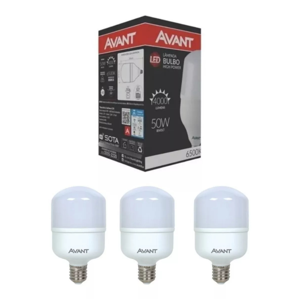 Kit 3 Lâmpada Led Super Bulbo 20w, 30w, 40w, 50w AVANT E27 Bivolt 6500K Luz Branca | Shopee Brasil