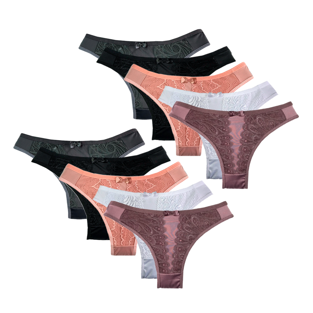 Kit 10 Calcinhas Tanga Conforto com Renda Lingerie Feminino Microfibra ...