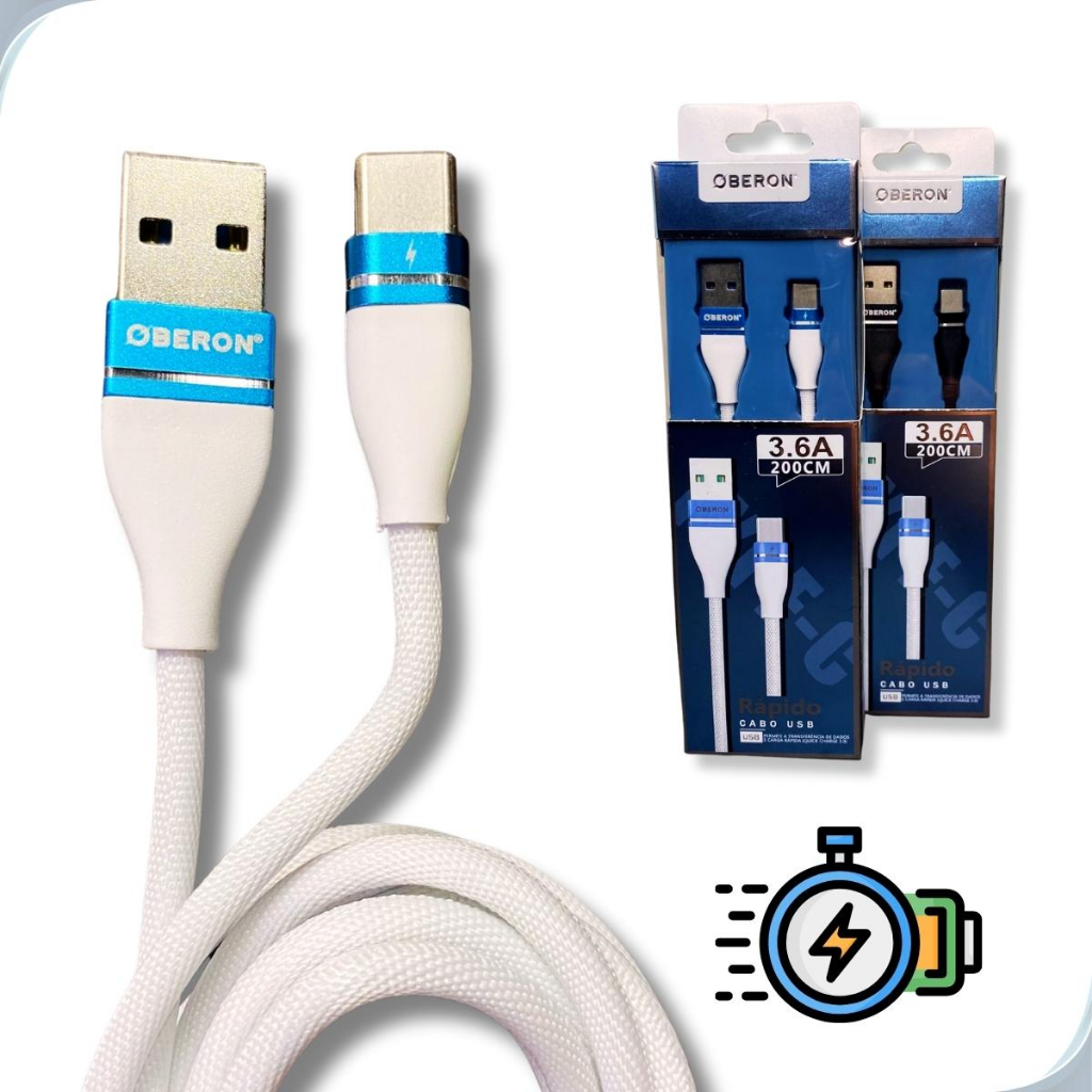 CABO TIPO C 3.6A - USB C - Cabo 2 Metros Carregamento Rápido e ...