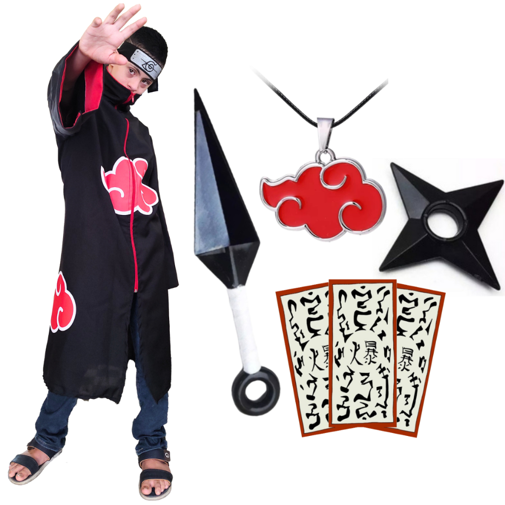 Manto Akatsuki Sasuke Uchiha + Kit Ninja Kunai Colar Shuriken | Shopee ...