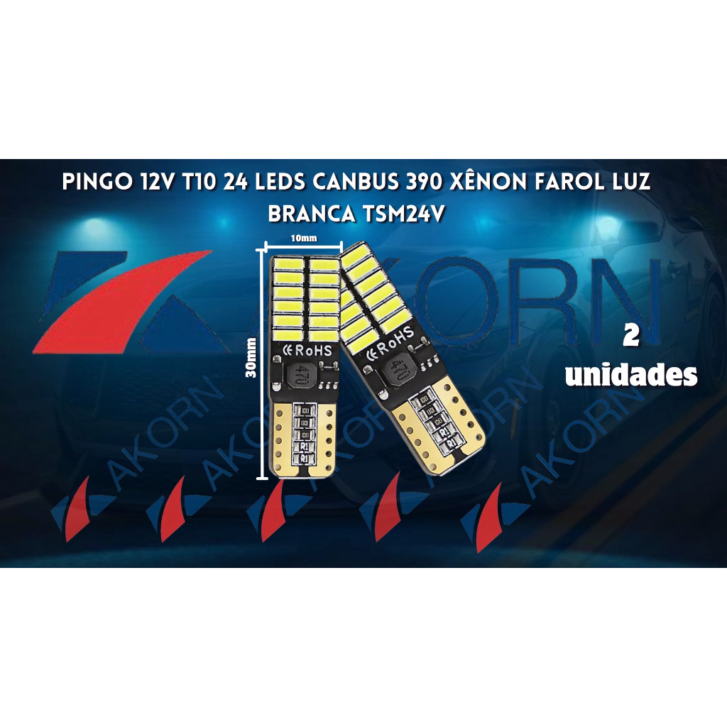 Kit 2 e10 lâmpada Pingo T10 24 Led 12v Canbus Xênon Luz Branca | Shopee Brasil