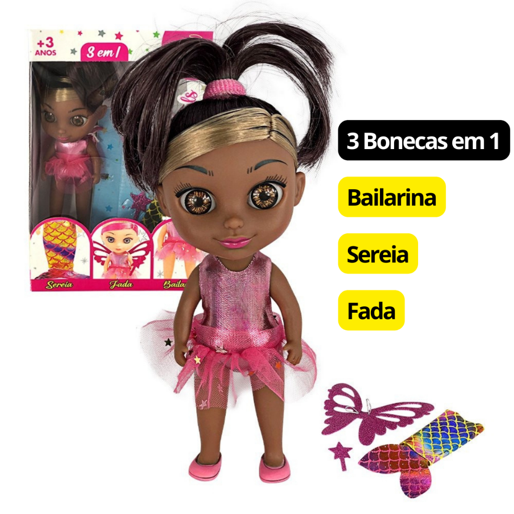 Boneca Infantil Menina Shiny Angels 3 em 1 Sereia Fada e Bailarina ...