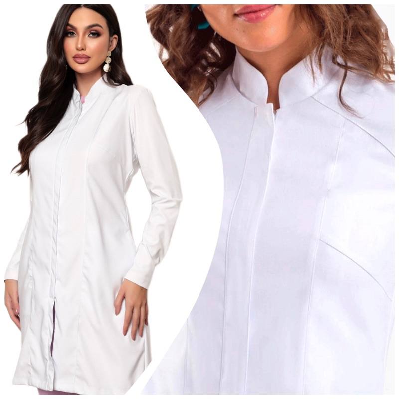 Jaleco Feminino Manga Longa Gabardine Elastano Ziper Elegance Branco | Shopee Brasil