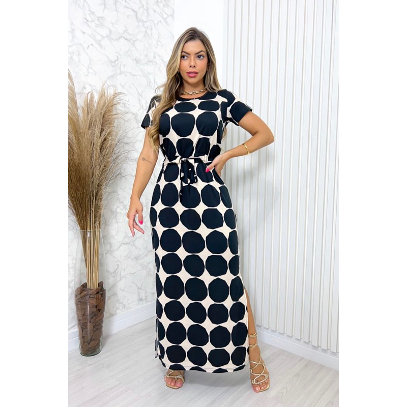 Vestidos Longo Lateral Aberta Em Baixo Com Manga Estampa De Poa /G009 ...