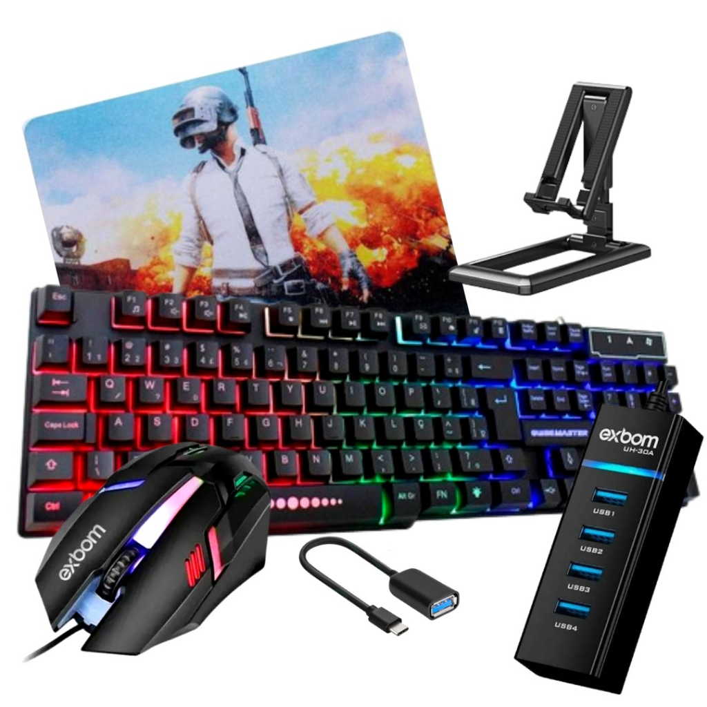 Kit Gamer Mobilador Teclado RGB Semi Mecânico Mouse 3 botões 1200dpi P ...