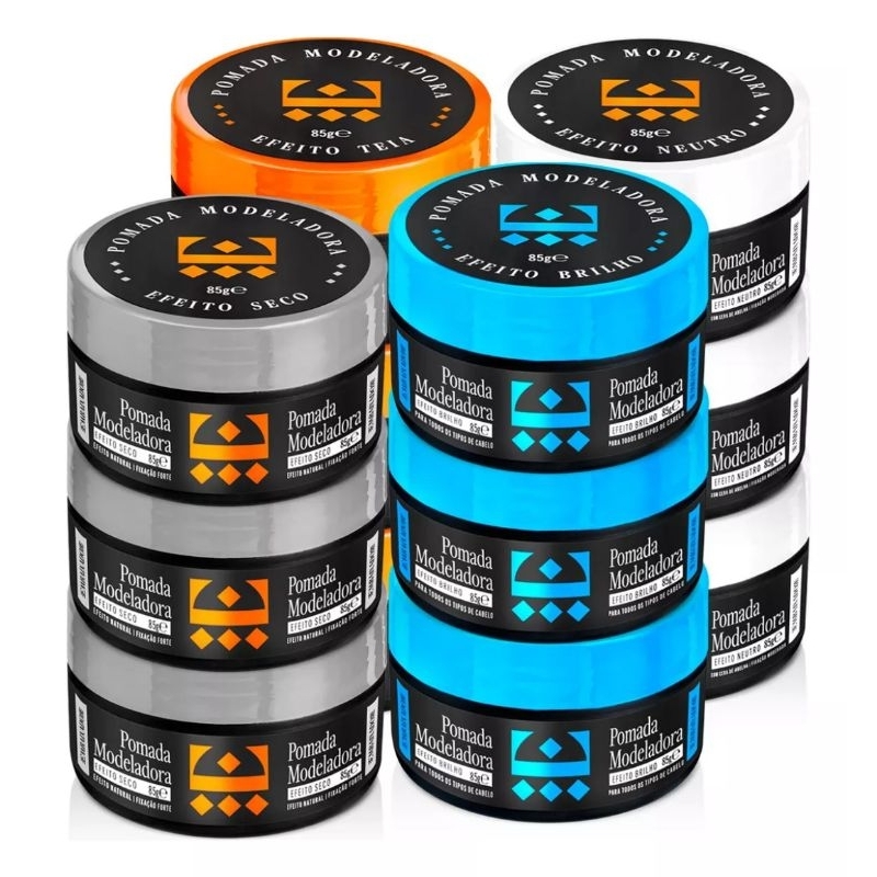 Kit Com 12 Pomadas Para Cabelo Embaixador 85g 3 efeito seco 3 efeito brilho 3 efeito teia 3 f ...