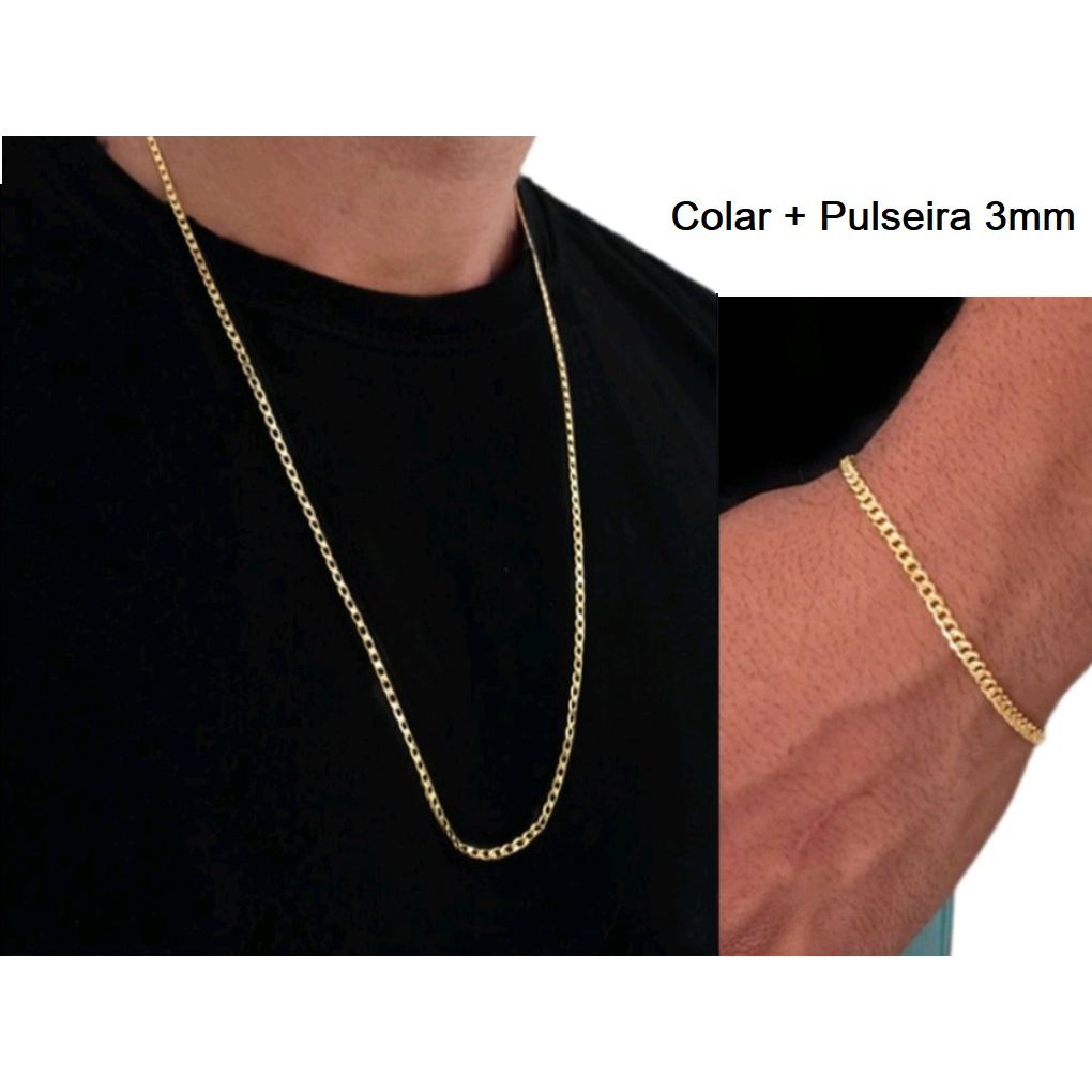 Kit Corrente E Pulseira 1x1 Grumet 3mm Largura Aço Inox Ouro ou Prata ...