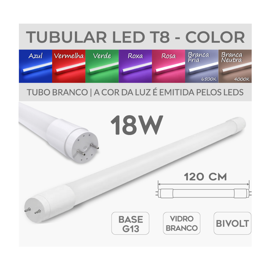 Kit 5 Lâmpadas Tubular LED T8 | 120cm 18W Bivolt | Vidro Branco | Luz Cores / Branca Neutra e ...