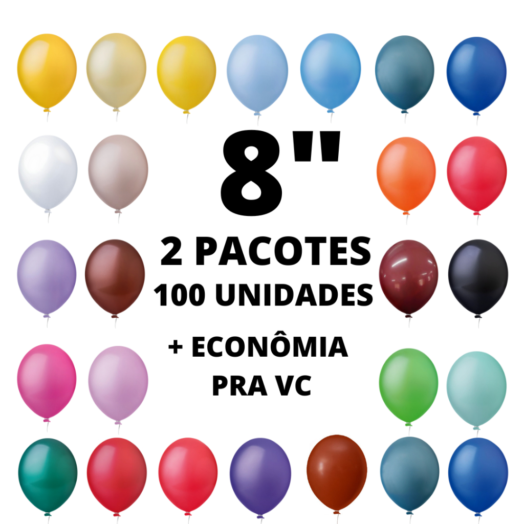 Balão Bexiga Látex 8 Polegadas 100 unidades - 2 pacotes | Shopee Brasil
