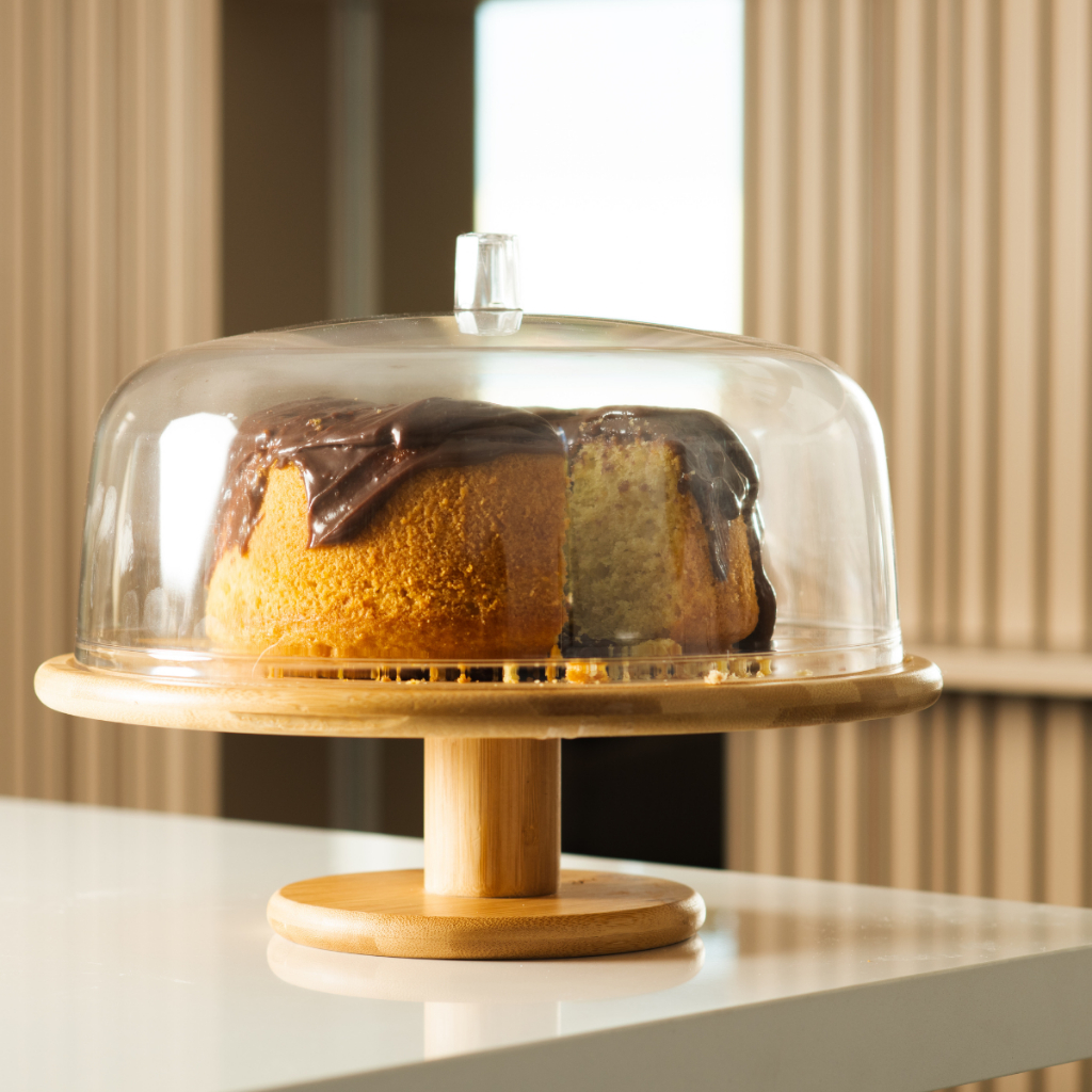 Boleira Prato Bolo Bambu Com Pé E Tampa Acrílica Grande de Madeira ...