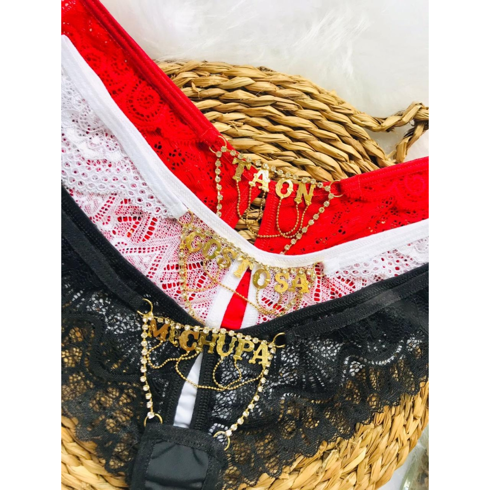 Kit 3 Calcinhas Tangas Ludy Frase Tanga Com Escrita Em Strass Pingente