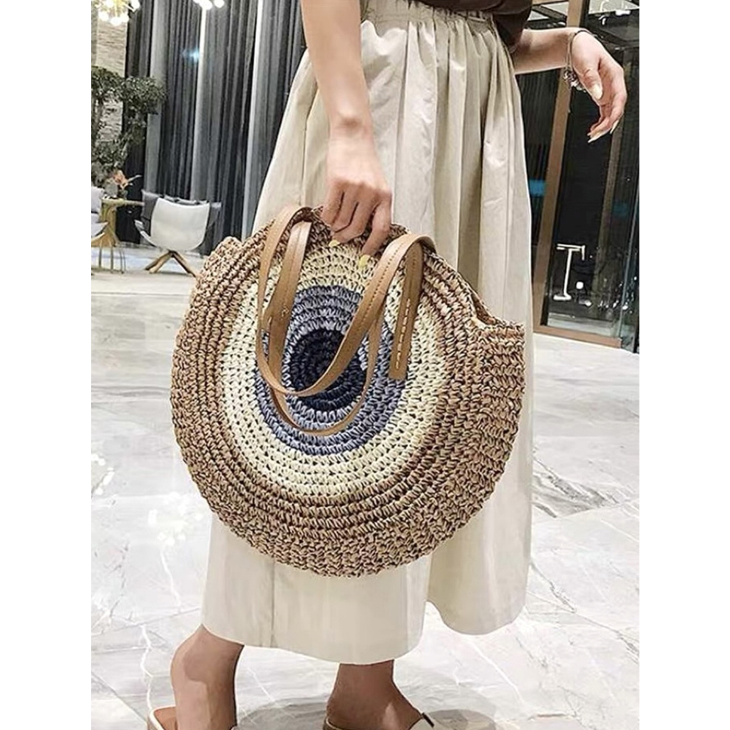 Juzia Bolsas Bolsa palha colorida retalhado de praia redonda bolsa tote ...