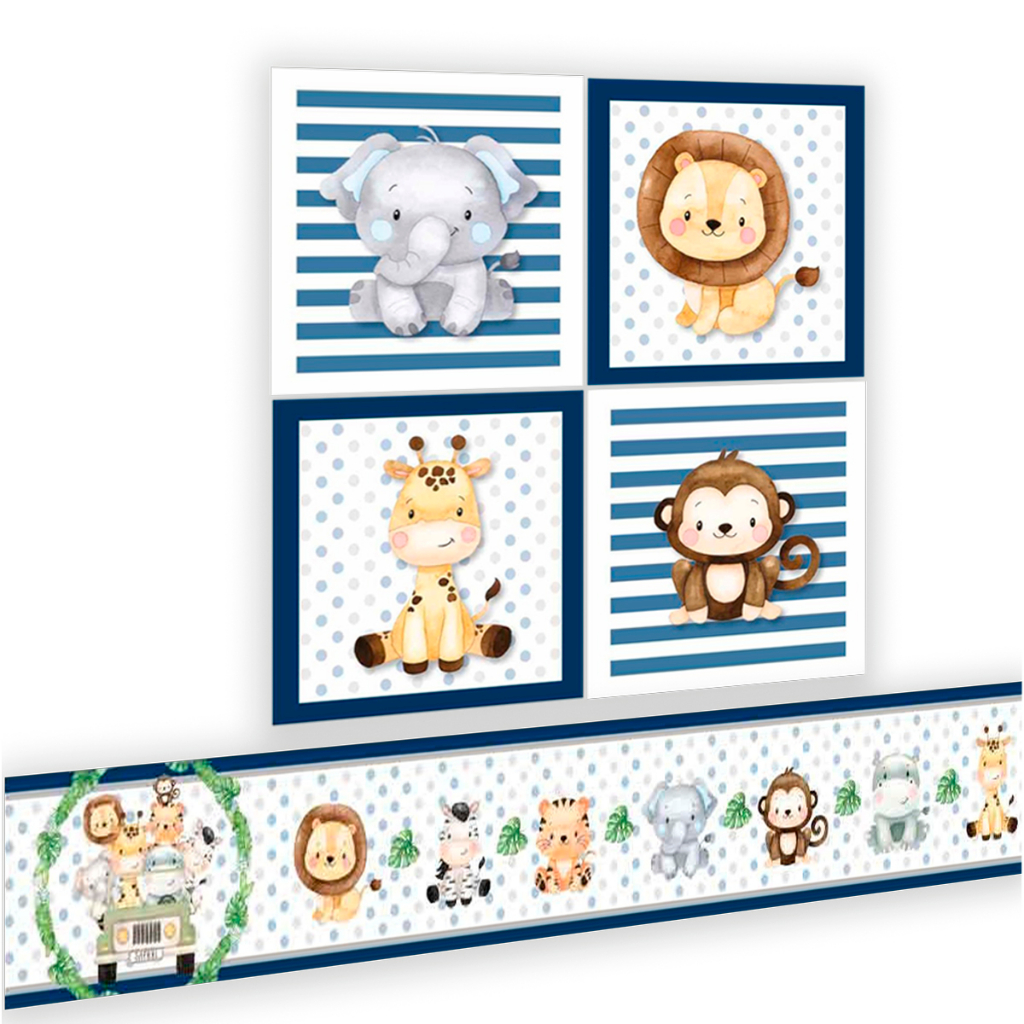 Quadro Decorativo Safari Baby Azul + Faixa Adesiva de Parede Infantil ...