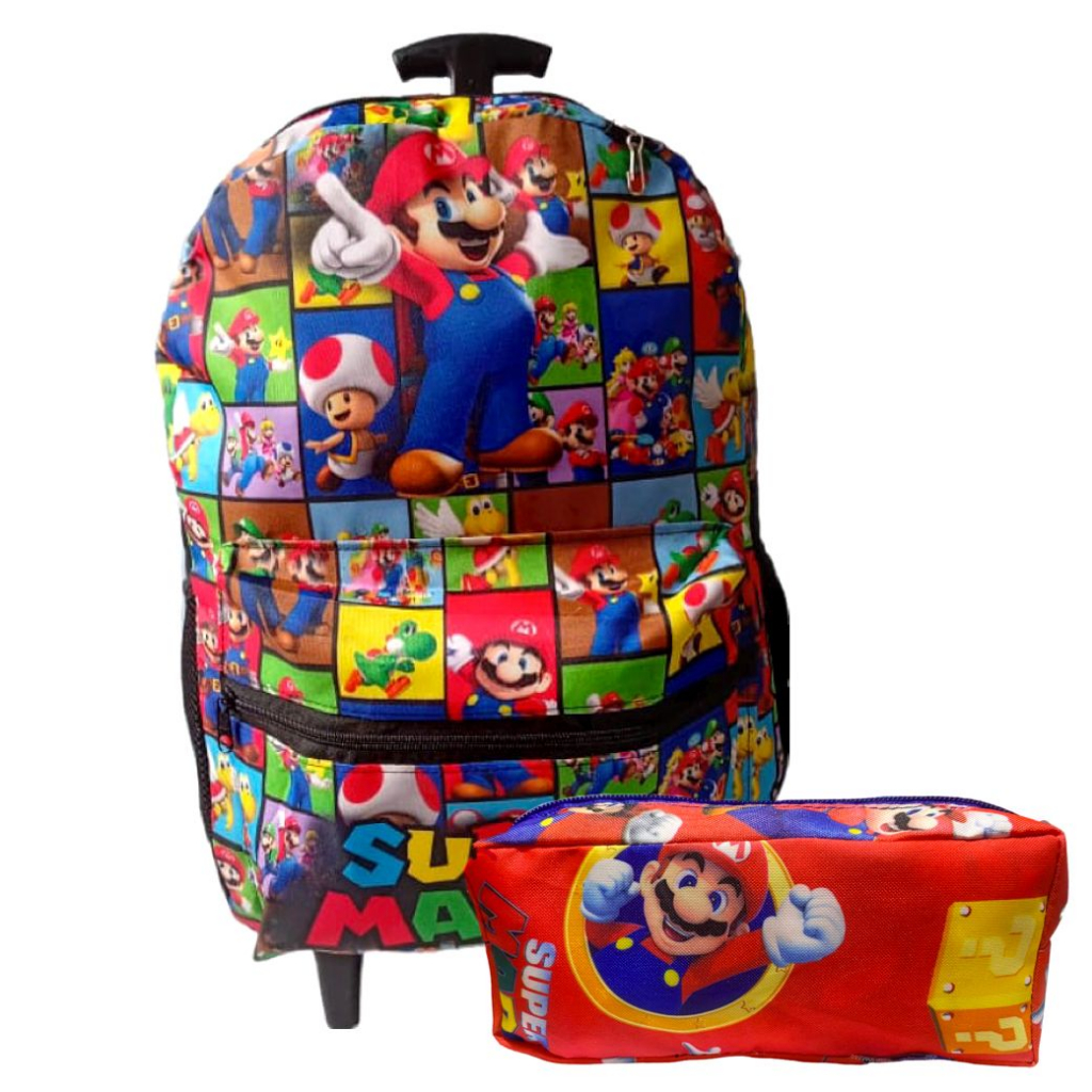 Mochila Escolar Super Mario Com Rodinhas E Estojo Super Mario+ Chaveiro ...