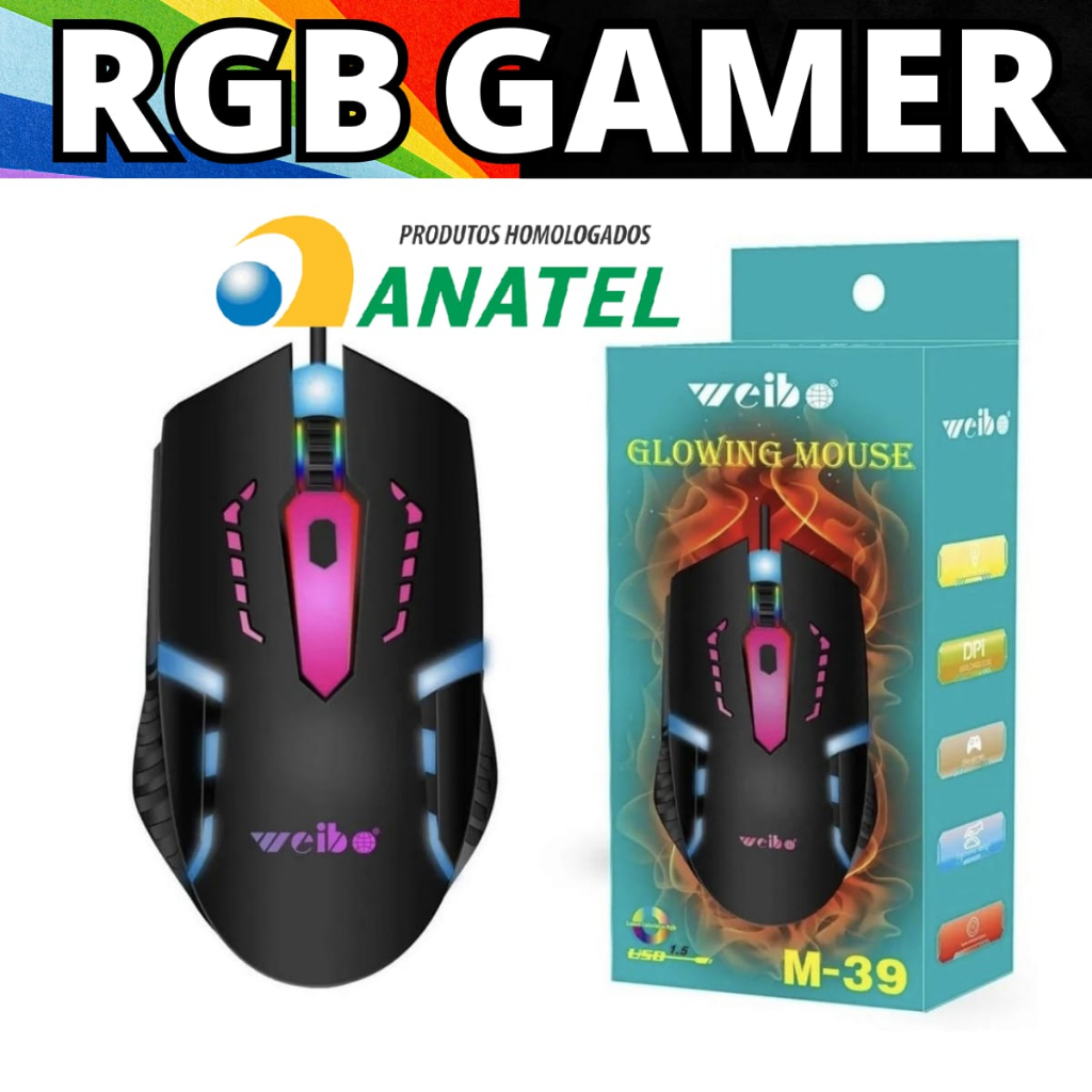 Mouse Gamer Led Rgb 3200 Dpi Ergonômico Usb Weibo M 39 luzes com fio jogador PC e Notebook ...