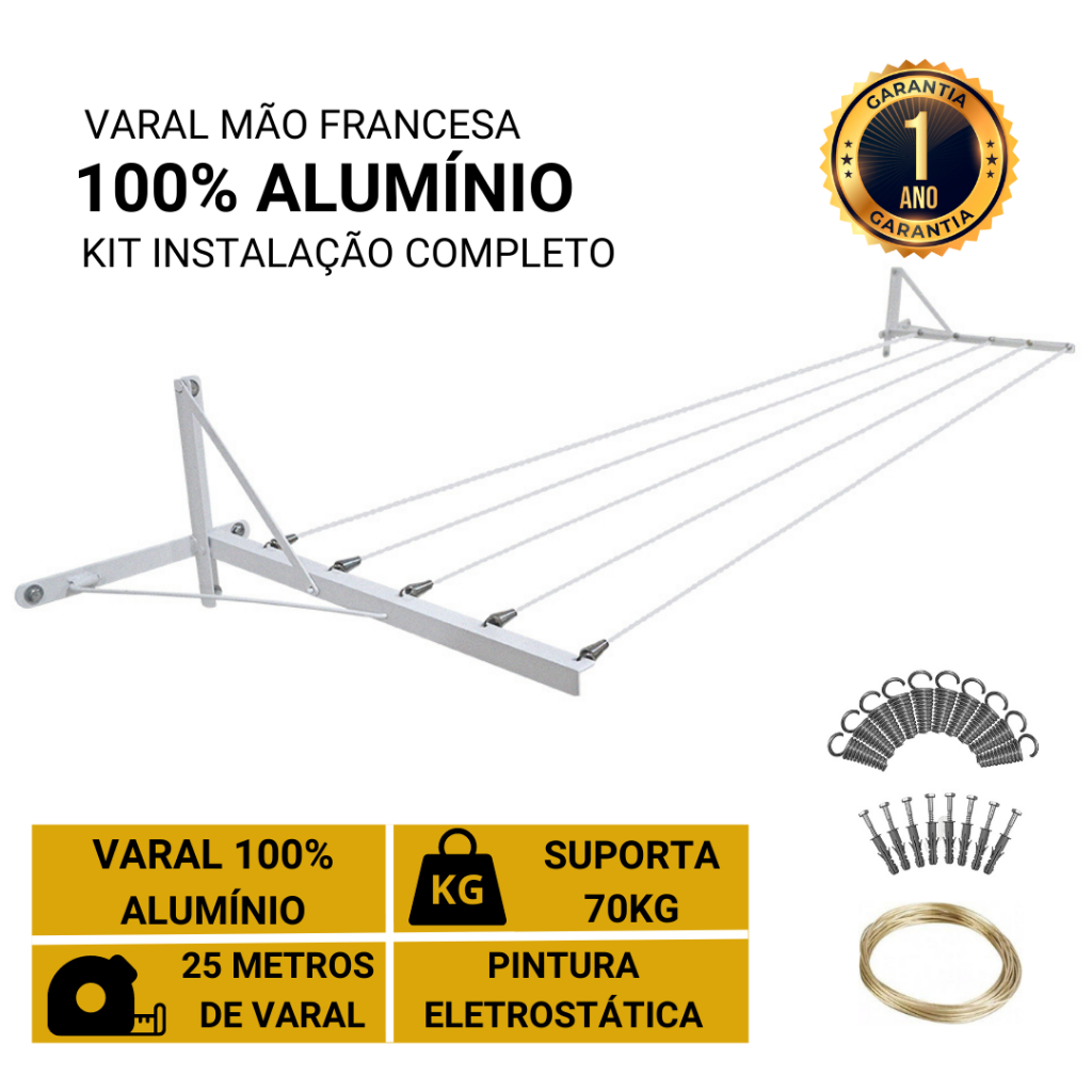 Varal de Muro/Parede Dobrável Alumínio com Mão Francesa e Cabos de Aço ...