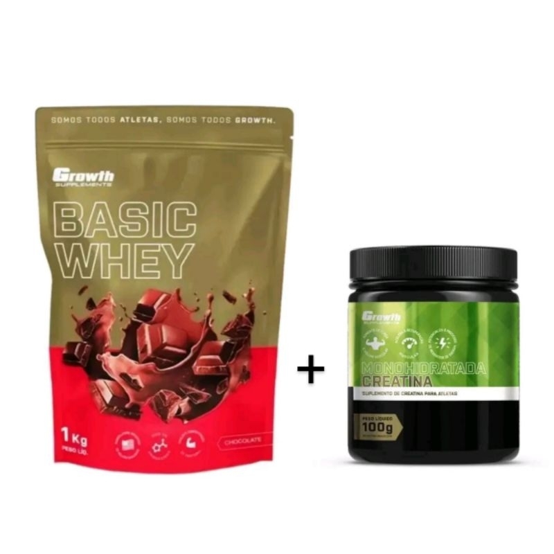 Kit Basic Whey Sabor Chocolate 1KG Mais Creatina 100g Monohidrata Growth Suplementos | Shopee Brasil