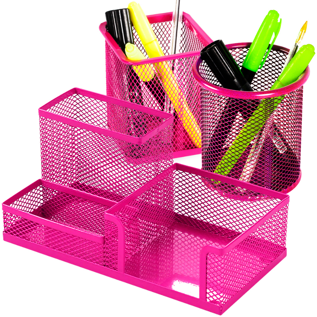 Kit 3 Organizador Porta Caneta Treco de Mesa Redondo Quadrado 3 Divisorias Metal Aramado ...