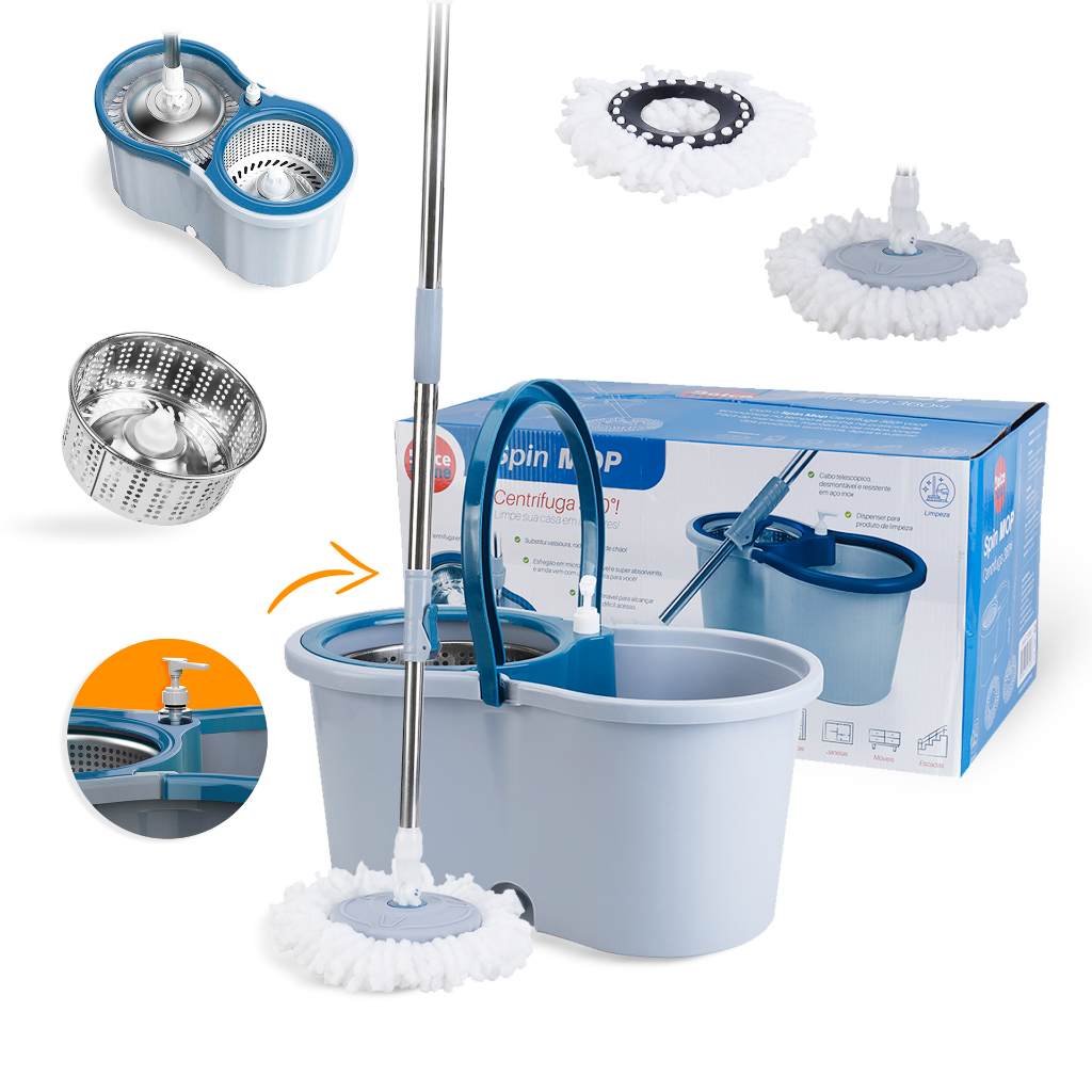 Mop + 2 Refil - Com cabo de 140 cm - Giratório Com Cesto Em Inox Azul ...