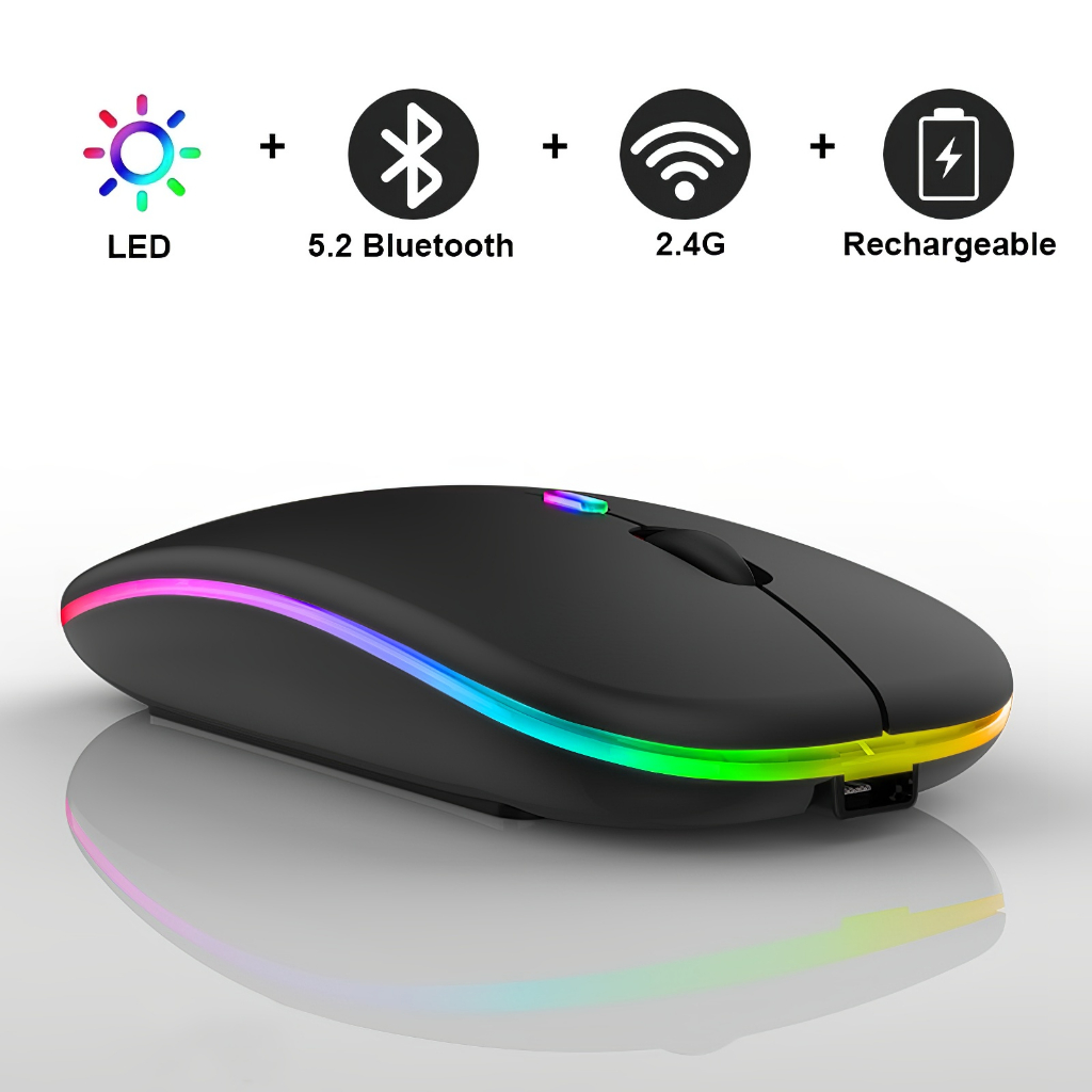 Mouse Led RGB Ergonômico Sem Fio Silencioso Wifi Bluetooth 5.2 ...