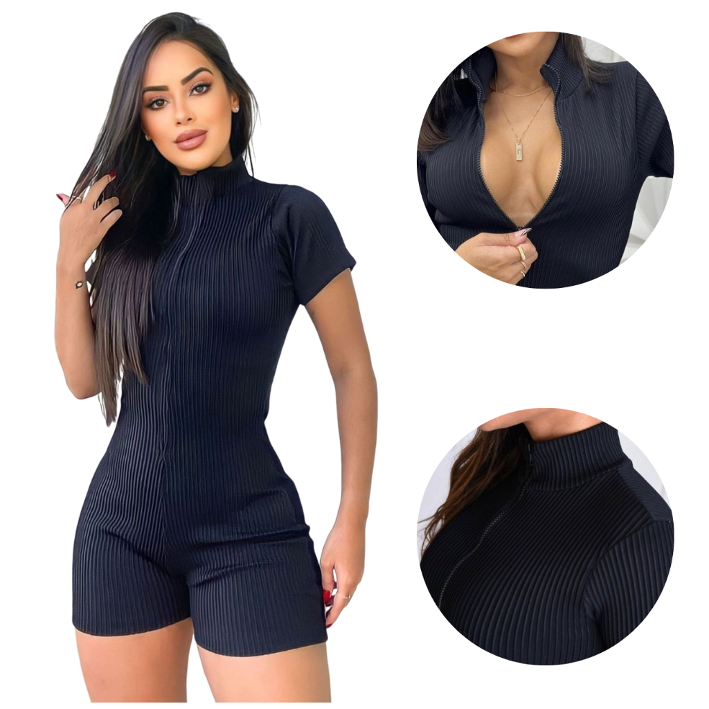 Macaquinho Canelado 3D Premium Virginia Com Ziper Shorts Curto Moda Gringa Blogueira | Shopee Brasil
