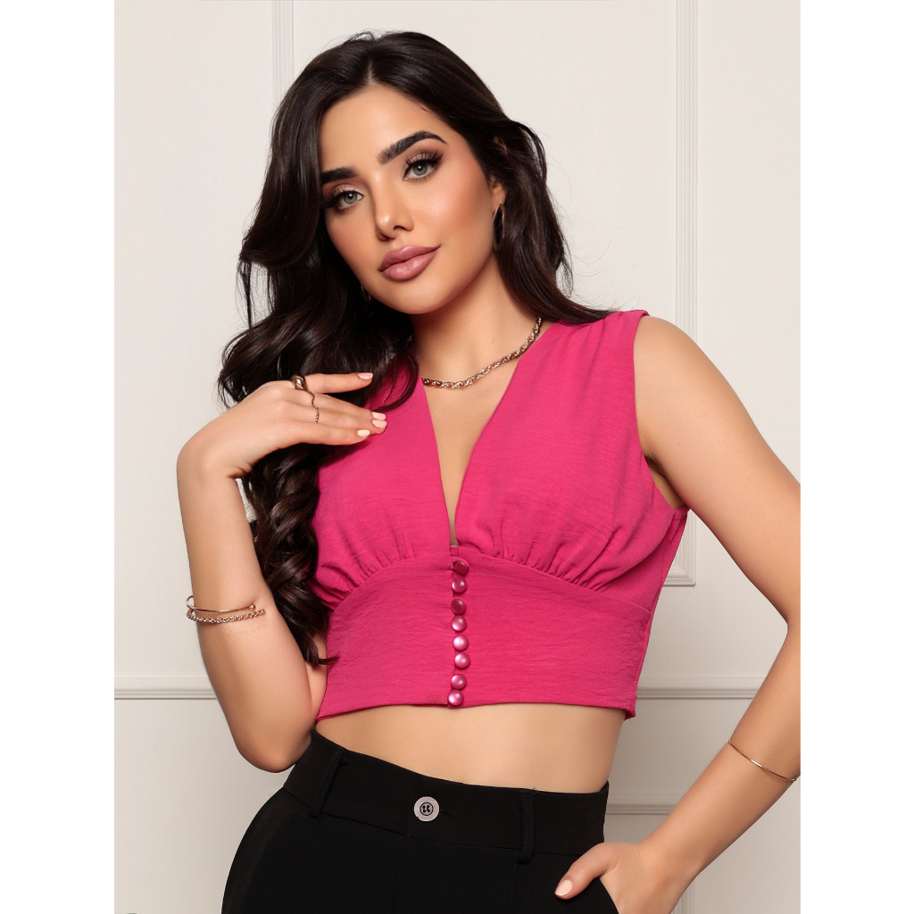 Cropped feminino, basico com fecho em botao deprolas e gola V sem bojo ...