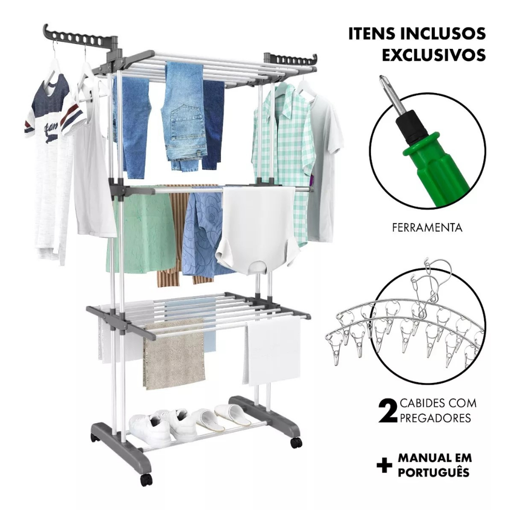 Varal De Roupas 3 Andares Dobrável Portátil Vertical De Chão Com Dois ...