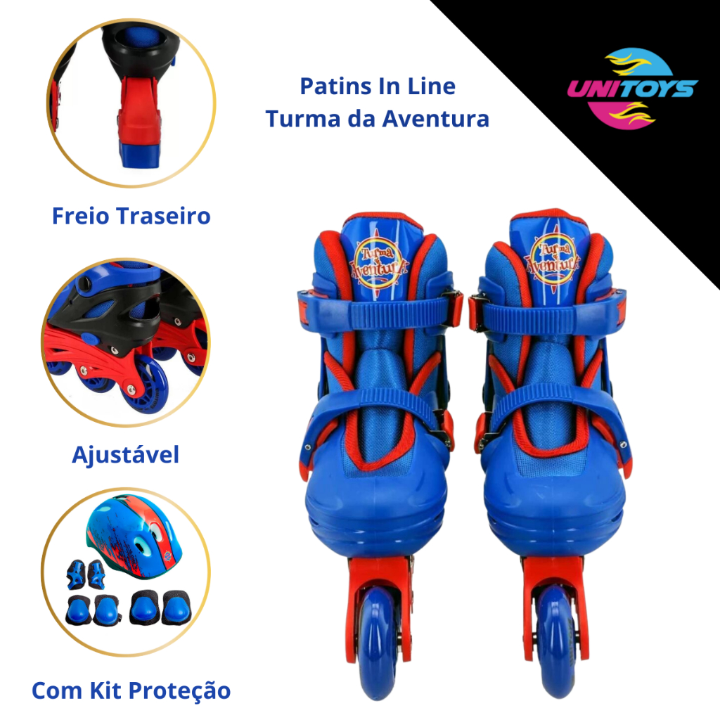 Patins Roller Infantil 4 Rodas In line Ajustavel Azul Menino com Kit de ...