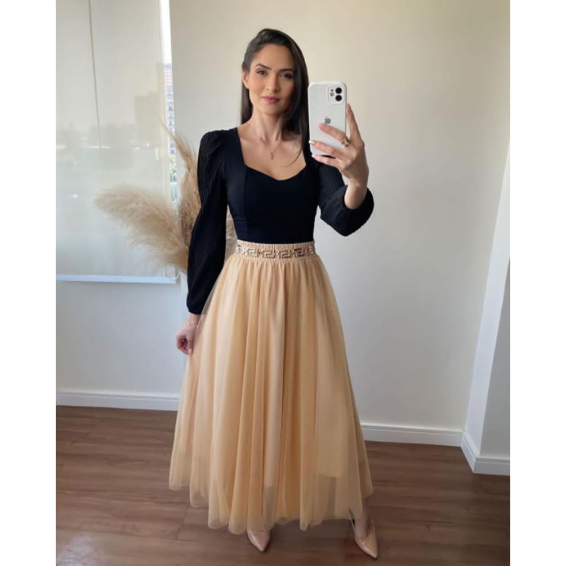Saia Tule Midi Forrada Moda Verao | Shopee Brasil