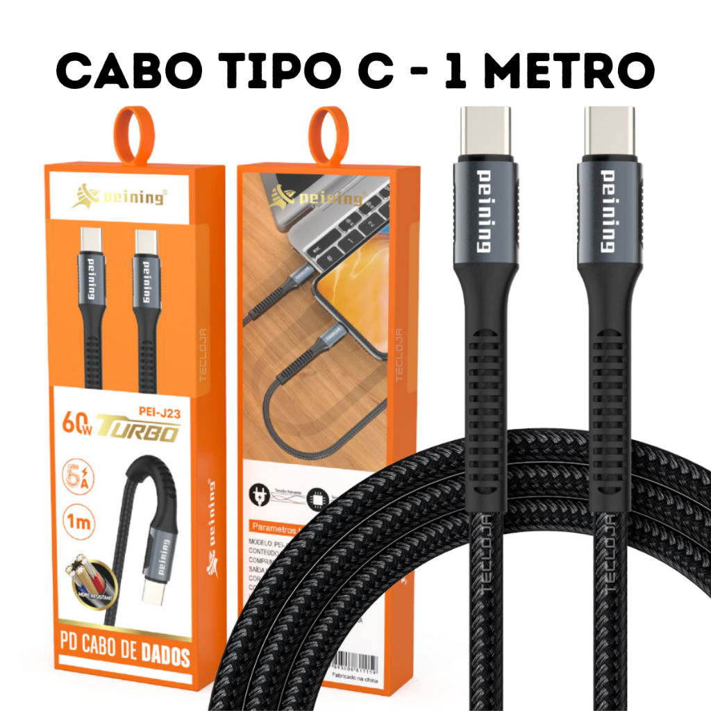 Cabo Tipo C Para Tipo C 1 Metro PD 60w Carregamento Turbo 5a 60w Cabo USB C Nylon 1m | Shopee Brasil